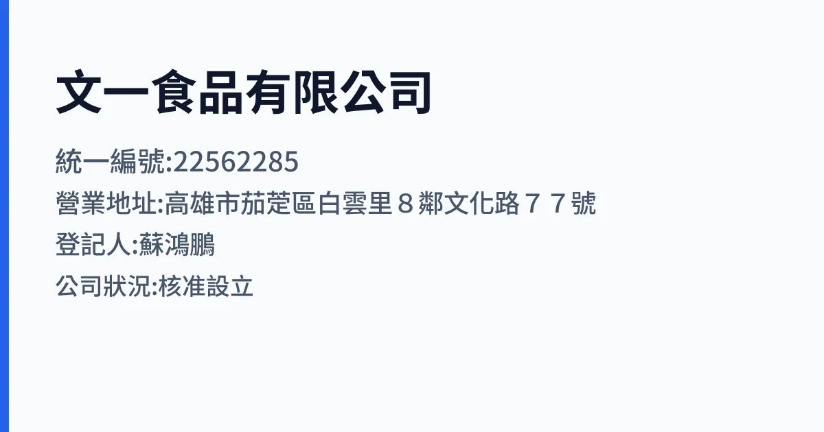 文一食品有限公司 - 統編 22562285(高雄市) 公司登記資料與營業項目詳細圖表