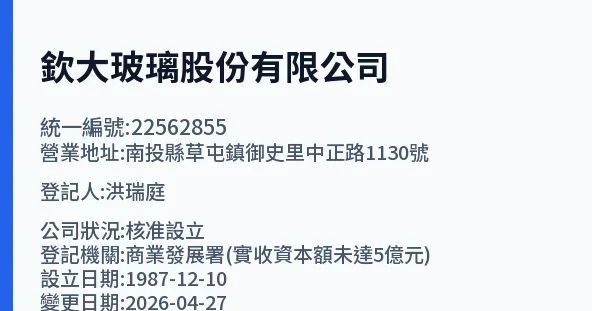 欽大玻璃股份有限公司的照片-統編 22562855(南投縣) 公司登記資料與營業項目詳細圖表