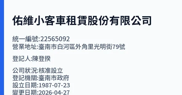 佑維小客車租賃股份有限公司的照片-統編 22565092(臺南市) 公司登記資料與營業項目詳細圖表