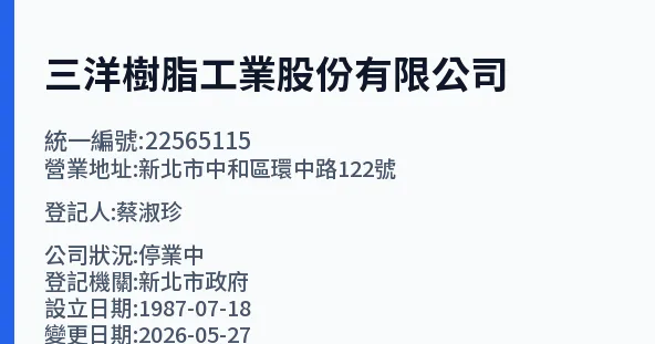 三洋樹脂工業股份有限公司的照片-統編 22565115(新北市) 公司登記資料與營業項目詳細圖表