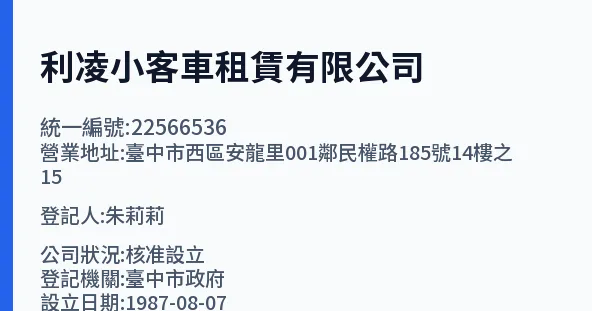 利凌小客車租賃有限公司的照片-統編 22566536(臺中市) 公司登記資料與營業項目詳細圖表