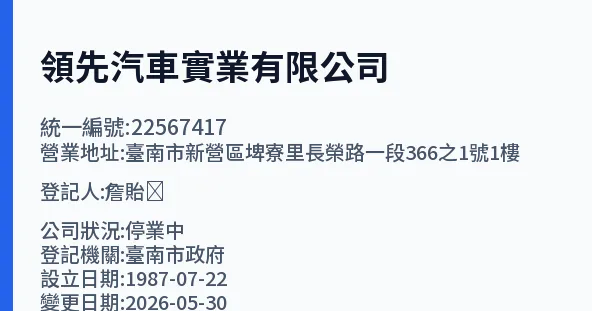 領先汽車實業有限公司的照片-統編 22567417(臺南市) 公司登記資料與營業項目詳細圖表