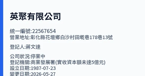 英聚有限公司的照片-統編 22567654(彰化縣) 公司登記資料與營業項目詳細圖表