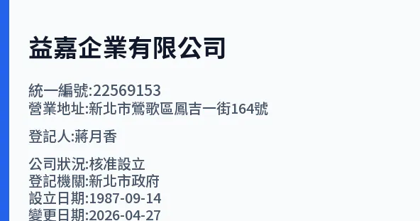 益嘉企業有限公司的照片-統編 22569153(新北市) 公司登記資料與營業項目詳細圖表