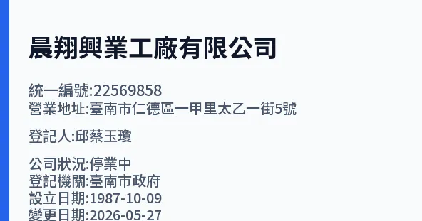 晨翔興業工廠有限公司的照片-統編 22569858(臺南市) 公司登記資料與營業項目詳細圖表