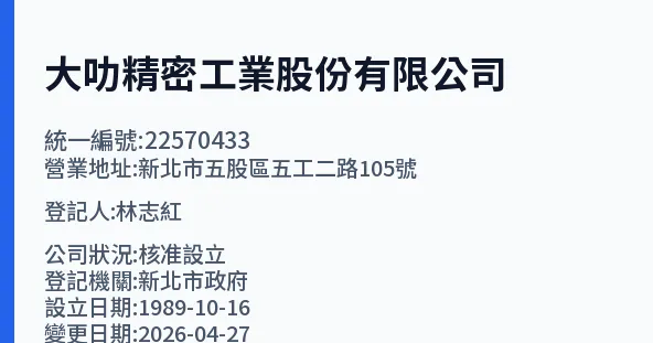 大叻精密工業股份有限公司的照片-統編 22570433(新北市) 公司登記資料與營業項目詳細圖表