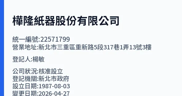 樺隆紙器股份有限公司的照片-統編 22571799(新北市) 公司登記資料與營業項目詳細圖表