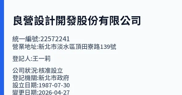 良營設計開發股份有限公司的照片-統編 22572241(新北市) 公司登記資料與營業項目詳細圖表