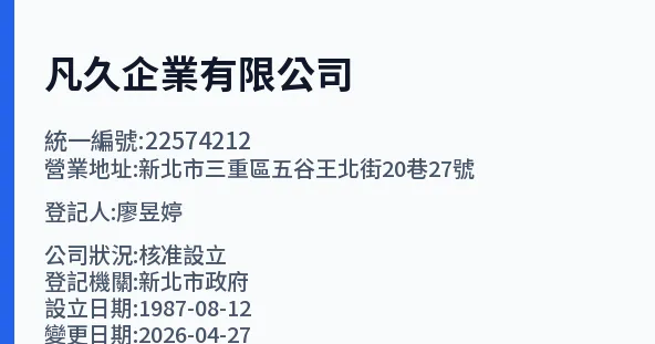 凡久企業有限公司的照片-統編 22574212(新北市) 公司登記資料與營業項目詳細圖表