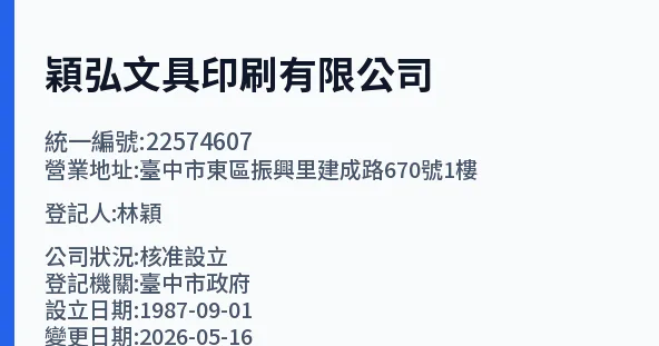 穎弘文具印刷有限公司的照片-統編 22574607(臺中市) 公司登記資料與營業項目詳細圖表