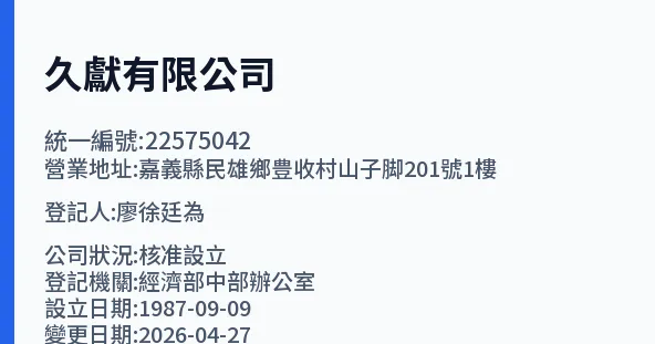 久獻有限公司的照片-統編 22575042(嘉義縣) 公司登記資料與營業項目詳細圖表