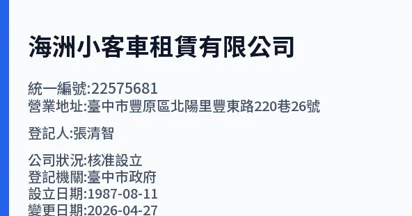 海洲小客車租賃有限公司的照片-統編 22575681(臺中市) 公司登記資料與營業項目詳細圖表