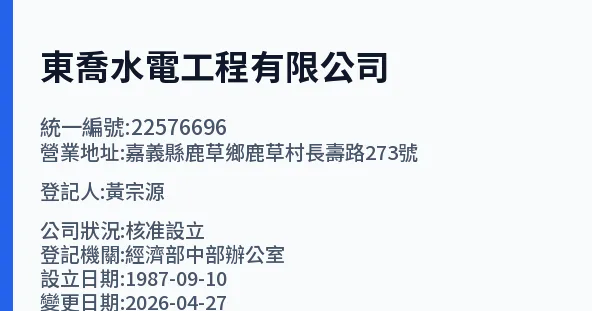 東喬水電工程有限公司的照片-統編 22576696(嘉義縣) 公司登記資料與營業項目詳細圖表