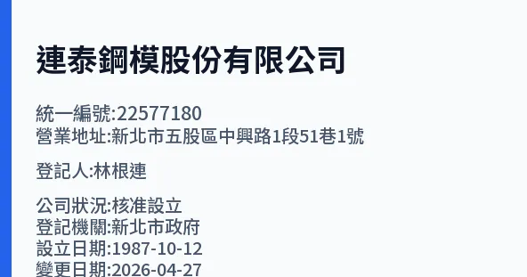 連泰鋼模股份有限公司的照片-統編 22577180(新北市) 公司登記資料與營業項目詳細圖表