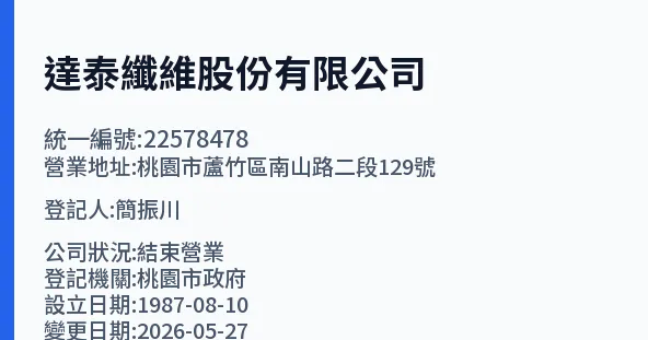 達泰纖維股份有限公司的照片-統編 22578478(桃園市) 公司登記資料與營業項目詳細圖表