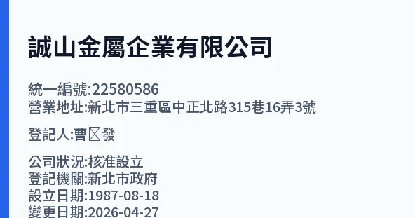 誠山金屬企業有限公司的照片-統編 22580586(新北市) 公司登記資料與營業項目詳細圖表