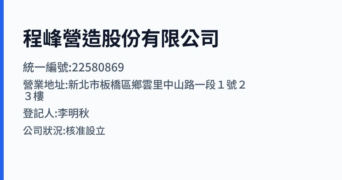 程峰營造股份有限公司 - 統編 22580869(新北市) 公司登記資料與營業項目詳細圖表