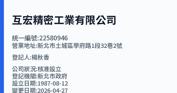 互宏精密工業有限公司的照片-統編 22580946(新北市) 公司登記資料與營業項目詳細圖表