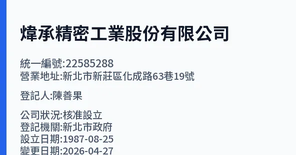 煒承精密工業股份有限公司的照片-統編 22585288(新北市) 公司登記資料與營業項目詳細圖表
