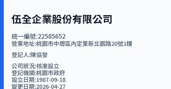 伍全企業股份有限公司的照片-統編 22585652(桃園市) 公司登記資料與營業項目詳細圖表