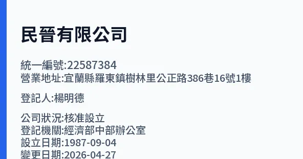 民晉有限公司的照片-統編 22587384(宜蘭縣) 公司登記資料與營業項目詳細圖表