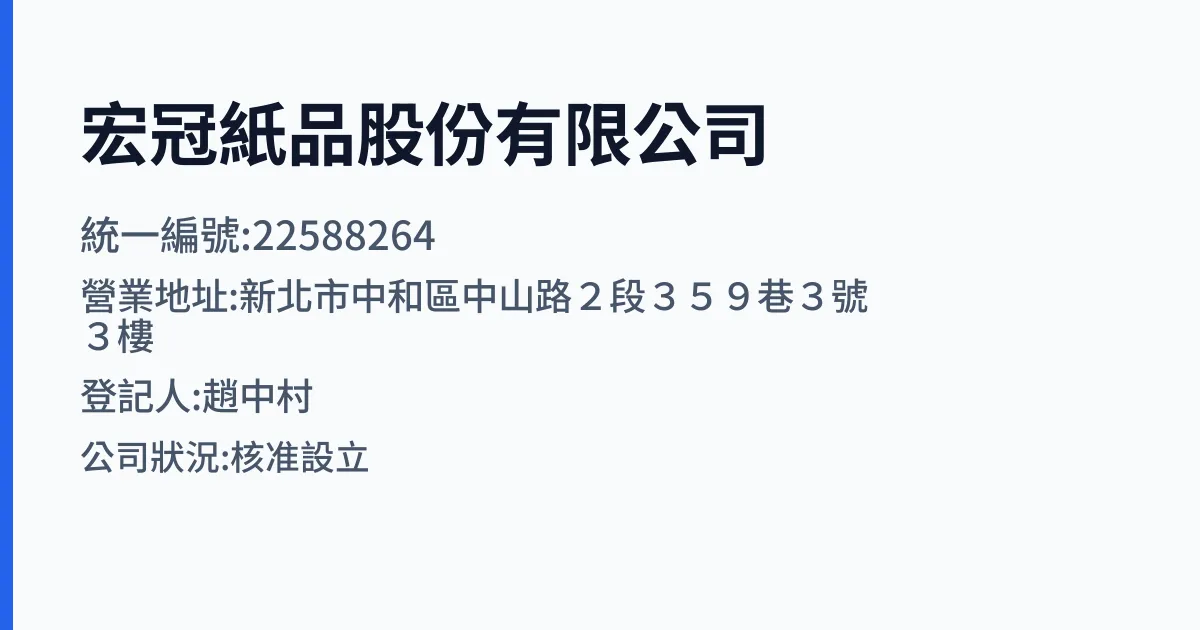 宏冠紙品股份有限公司 - 統編 22588264(新北市) 公司登記資料與營業項目詳細圖表