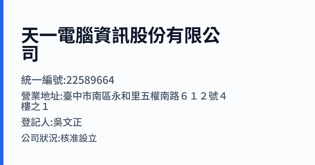 天一電腦資訊股份有限公司 - 統編 22589664(臺中市) 公司登記資料與營業項目詳細圖表