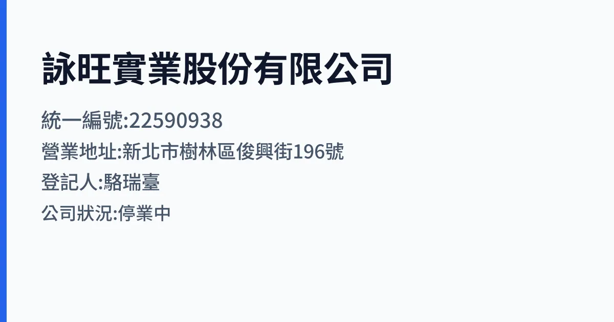 詠旺實業股份有限公司 - 統編 22590938(新北市) 公司登記資料與營業項目詳細圖表