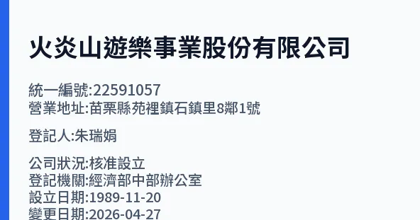 火炎山遊樂事業股份有限公司的照片-統編 22591057(苗栗縣) 公司登記資料與營業項目詳細圖表