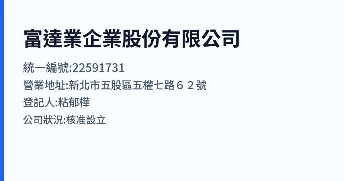 富達業企業股份有限公司 - 統編 22591731(新北市) 公司登記資料與營業項目詳細圖表