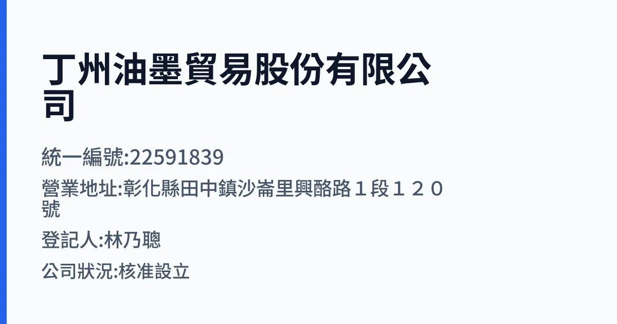 丁州油墨貿易股份有限公司 - 統編 22591839(彰化縣) 公司登記資料與營業項目詳細圖表