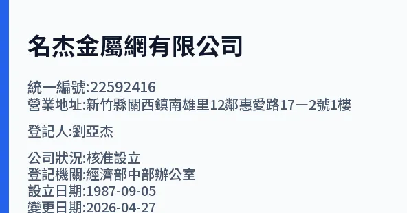 名杰金屬網有限公司的照片-統編 22592416(新竹縣) 公司登記資料與營業項目詳細圖表