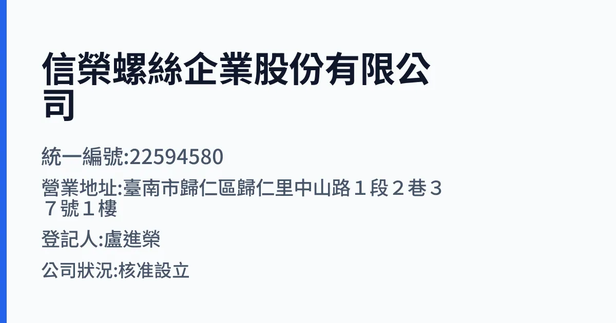 信榮螺絲企業股份有限公司 - 統編 22594580(臺南市) 公司登記資料與營業項目詳細圖表