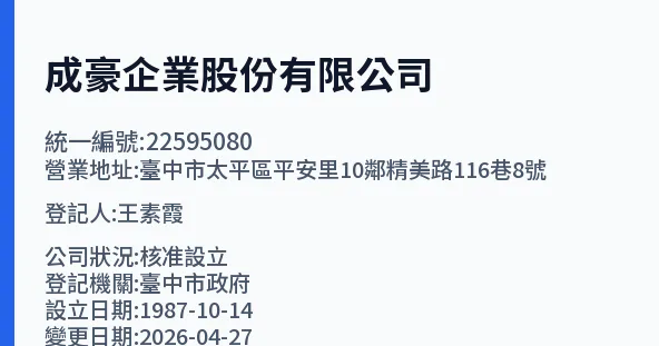 成豪企業股份有限公司的照片-統編 22595080(臺中市) 公司登記資料與營業項目詳細圖表