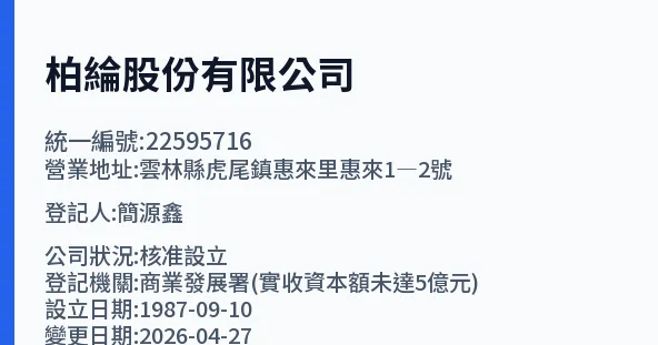 柏綸股份有限公司的照片-統編 22595716(雲林縣) 公司登記資料與營業項目詳細圖表