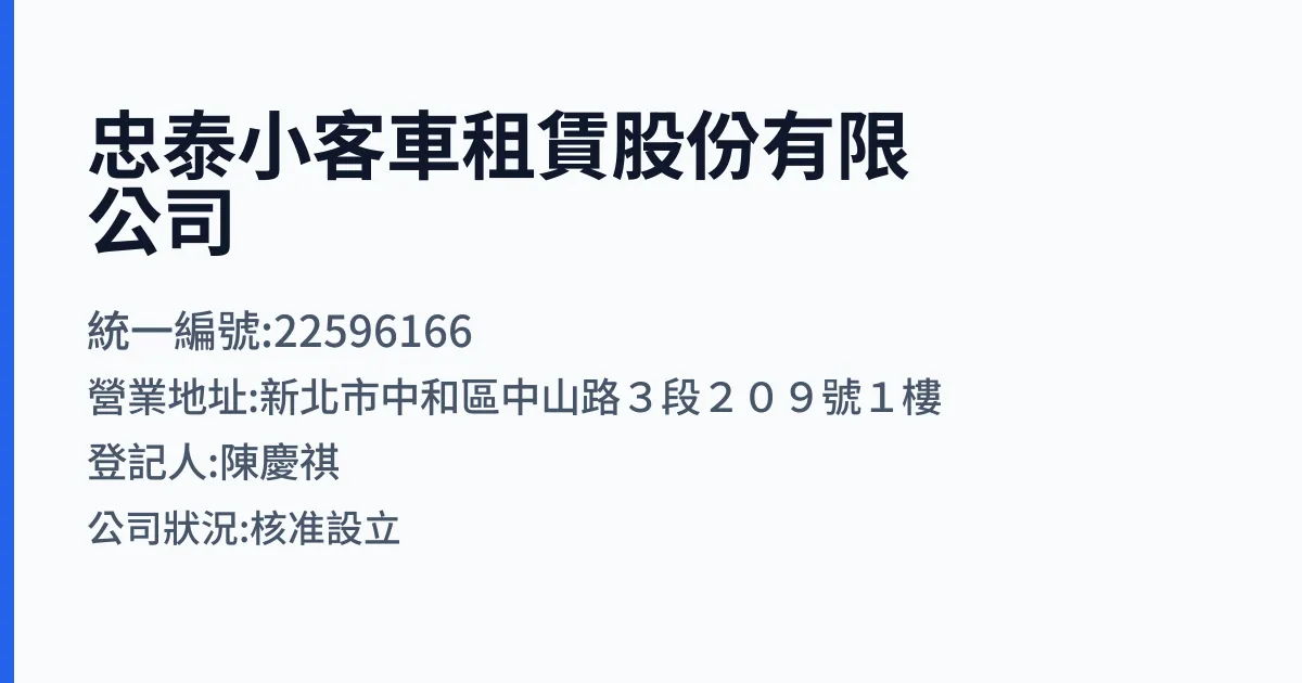 忠泰小客車租賃股份有限公司 - 統編 22596166（新北市） 公司登記資料與營業項目詳細圖表