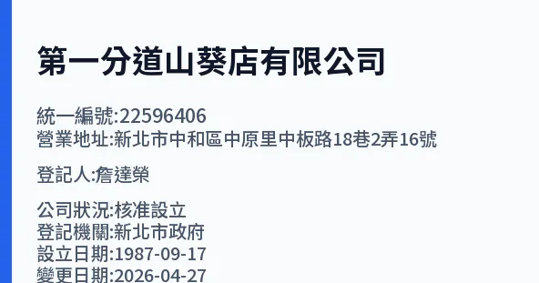 第一分道山葵店有限公司的照片-統編 22596406(新北市) 公司登記資料與營業項目詳細圖表