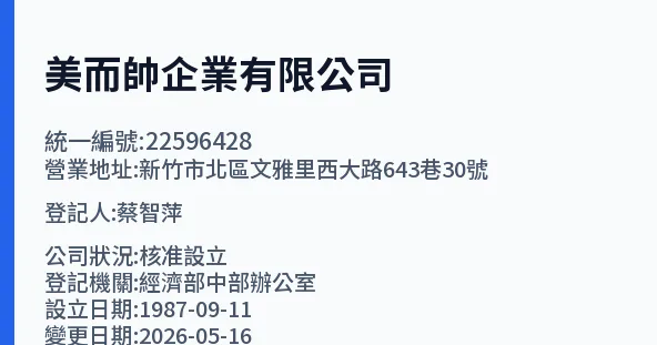 美而帥企業有限公司的照片-統編 22596428(新竹市) 公司登記資料與營業項目詳細圖表