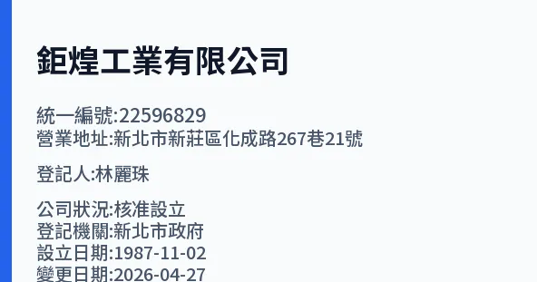 鉅煌工業有限公司的照片-統編 22596829(新北市) 公司登記資料與營業項目詳細圖表