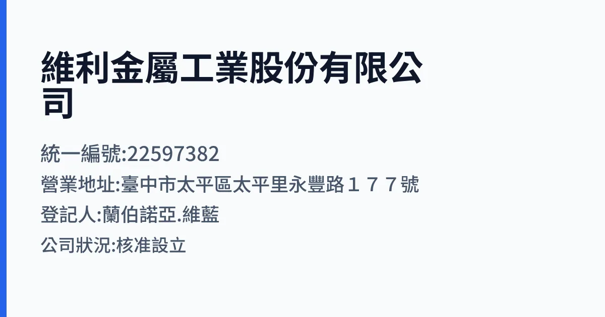 維利金屬工業股份有限公司 - 統編 22597382(臺中市) 公司登記資料與營業項目詳細圖表