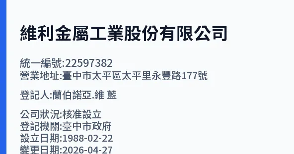 維利金屬工業股份有限公司的照片-統編 22597382(臺中市) 公司登記資料與營業項目詳細圖表