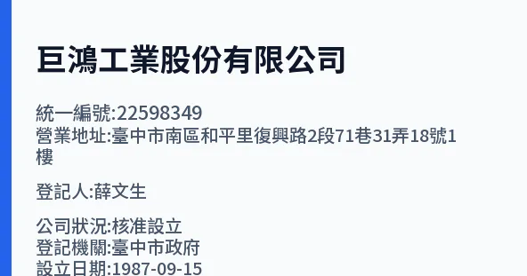 巨鴻工業股份有限公司的照片-統編 22598349(臺中市) 公司登記資料與營業項目詳細圖表