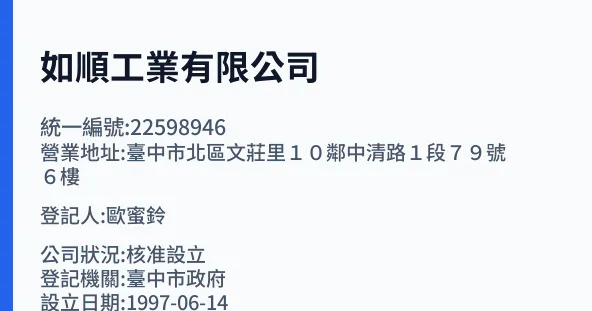 如順工業有限公司的照片-統編 22598946(臺中市) 公司登記資料與營業項目詳細圖表