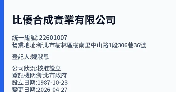 比優合成實業有限公司的照片-統編 22601007(新北市) 公司登記資料與營業項目詳細圖表