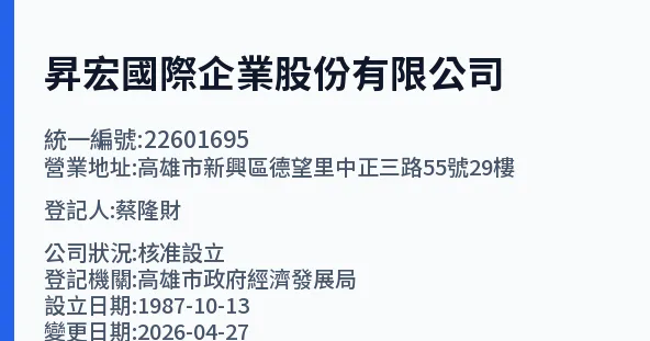 昇宏國際企業股份有限公司的照片-統編 22601695(高雄市) 公司登記資料與營業項目詳細圖表