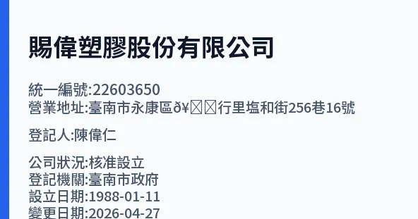 賜偉塑膠股份有限公司的照片-統編 22603650(臺南市) 公司登記資料與營業項目詳細圖表