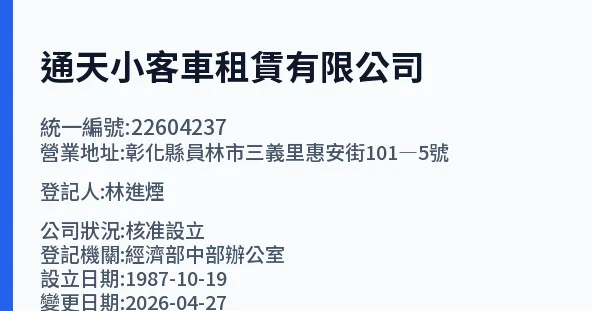 通天小客車租賃有限公司的照片-統編 22604237(彰化縣) 公司登記資料與營業項目詳細圖表