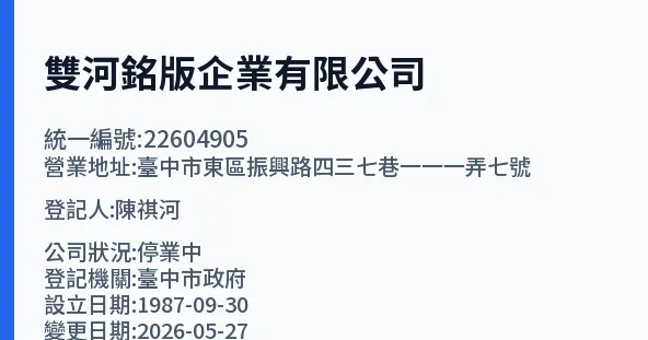 雙河銘版企業有限公司的照片-統編 22604905(臺中市) 公司登記資料與營業項目詳細圖表