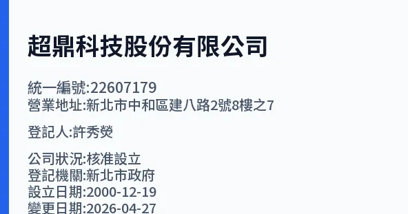 超鼎科技股份有限公司的照片-統編 22607179(新北市) 公司登記資料與營業項目詳細圖表