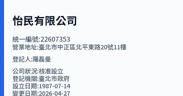 怡民有限公司的照片-統編 22607353(臺北市) 公司登記資料與營業項目詳細圖表
